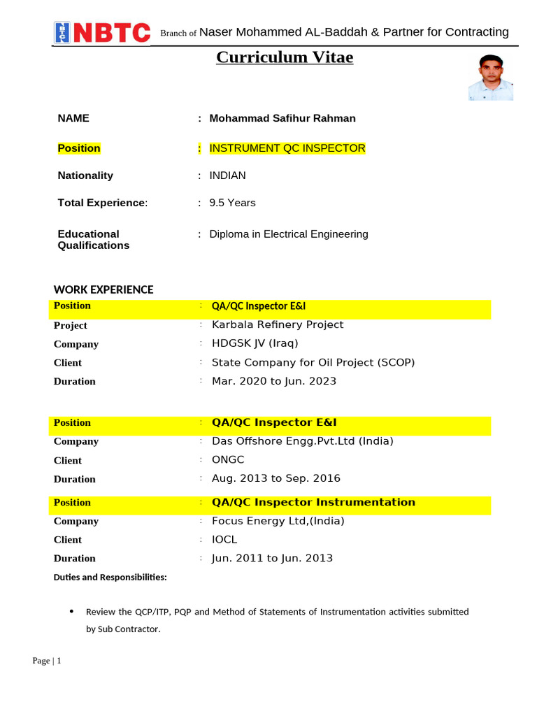 Instrument QC Inspector CV - Mohammad Rahman | PDF