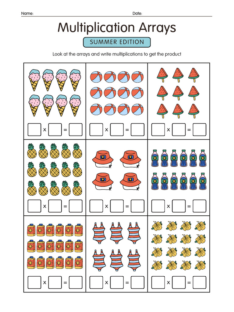 Summer Multiplication Arrays Worksheet in Colorful and Monochromatic ...