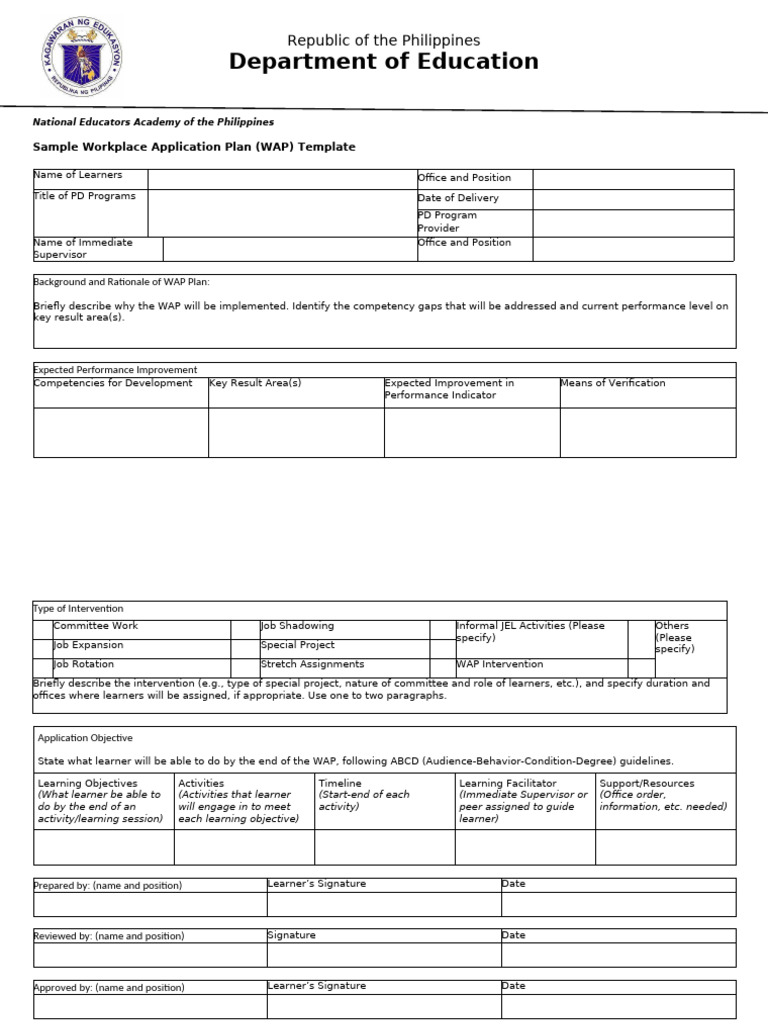 Workplace Application Plan Template | PDF | Learning