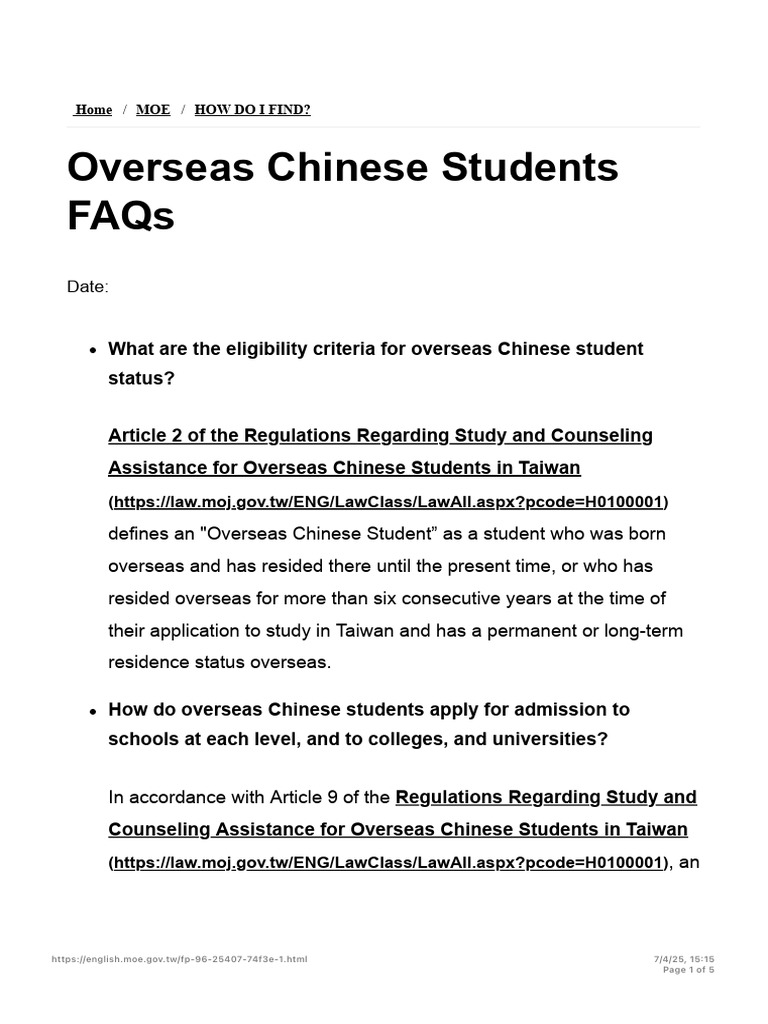 Overseas Chinese Students FAQs -Ministry of Education Republic of China ...
