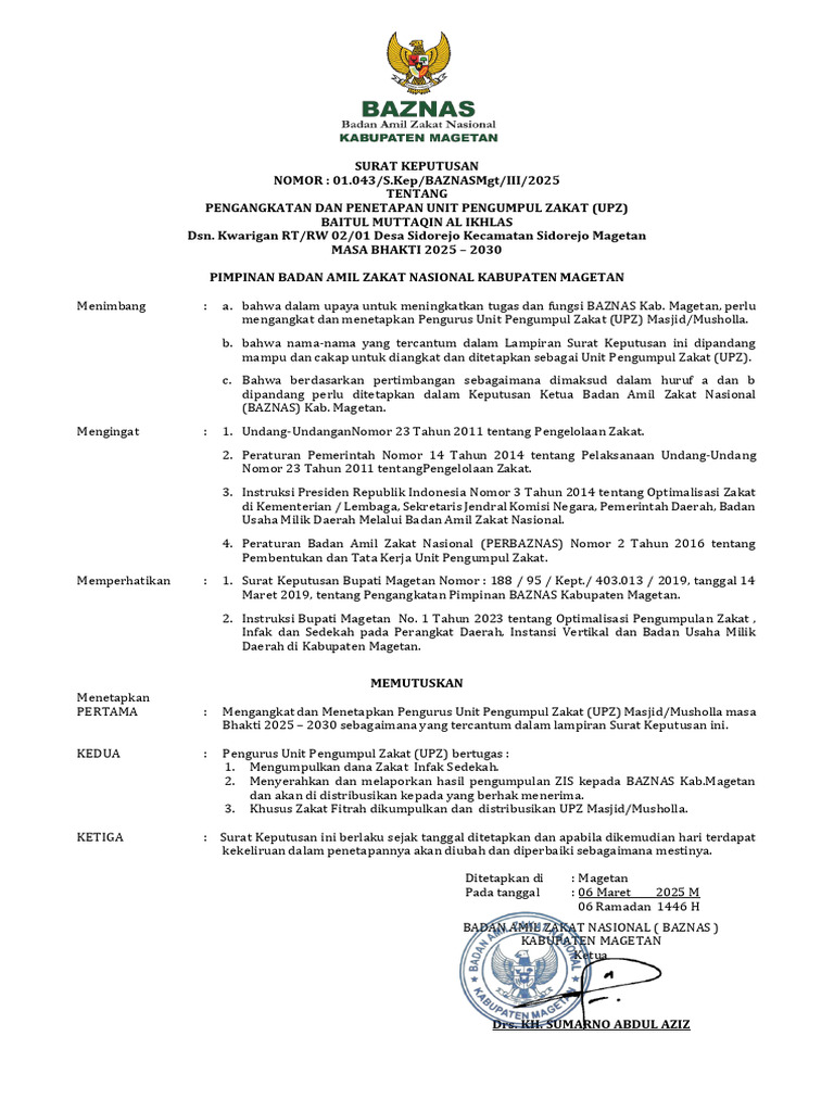001.043 SK Upz Baitul Muttaqin Al Ikhlas Sidorejo | PDF