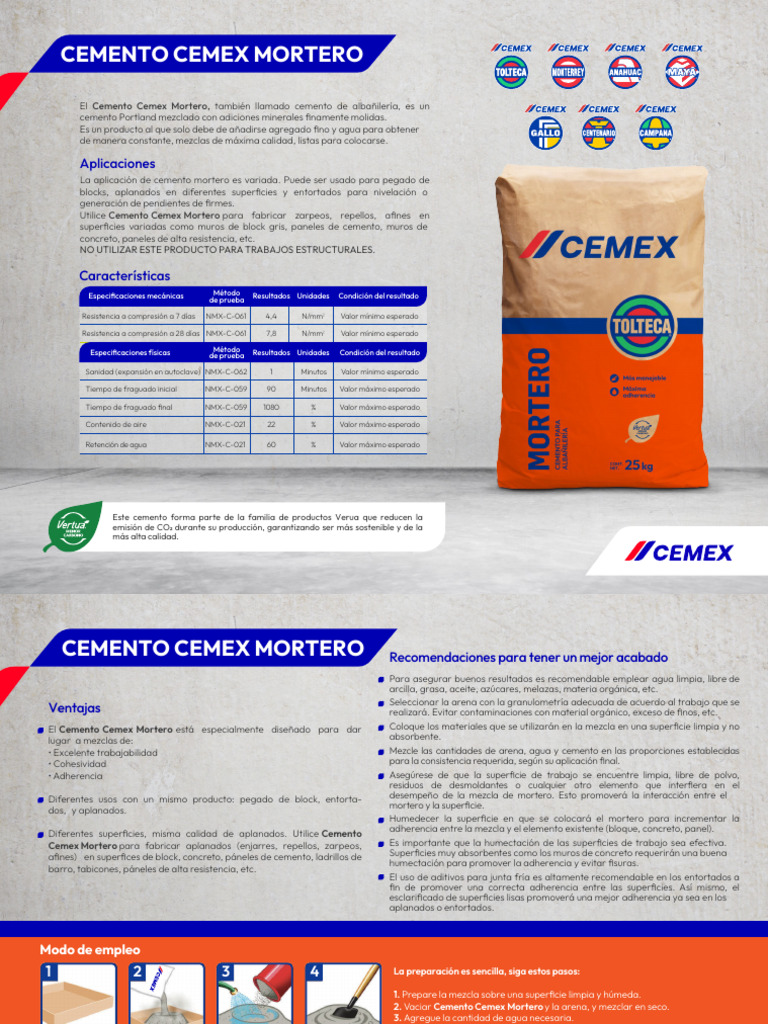 Cemento Cemex Mortero: Usos y Ventajas | PDF | Cemento | Hormigón