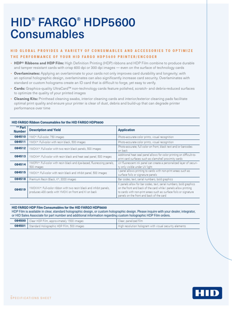 HDP5600 Consumables Specification Sheet | PDF | Printer (Computing ...