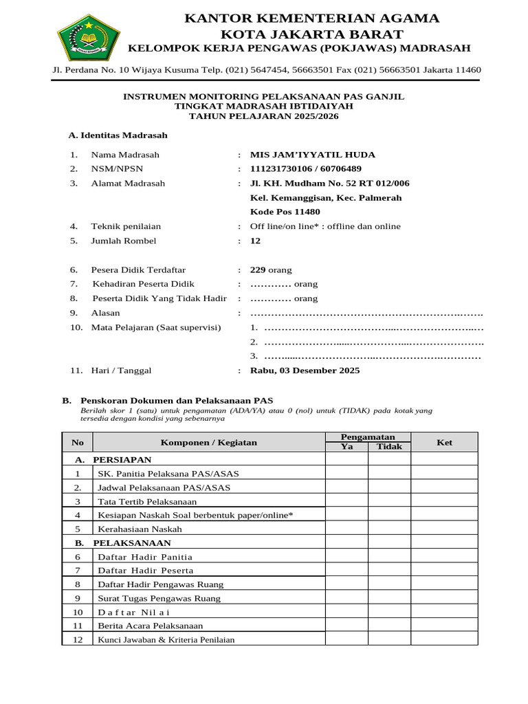 Instrumen Monitoring PAS MI Andiyansyah 2025 | PDF