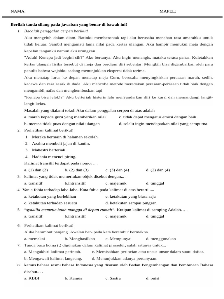 SOAL ULANGAN HARIAN BAHASA INDONESIA KELAS 4 SEMESTER 1 | PDF