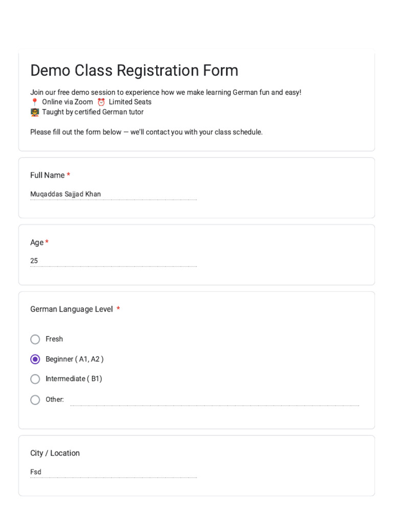 Muqaddas - Demo Class Registration Form | PDF