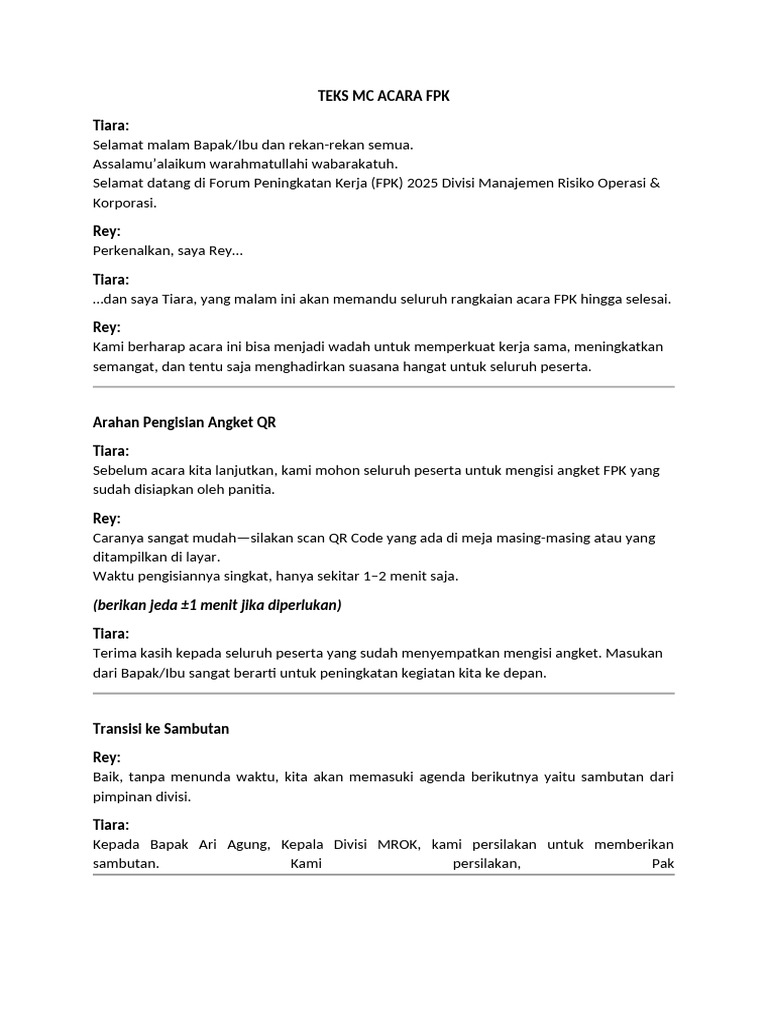 MC Acara FPK 2025: Rangkaian Kegiatan | PDF
