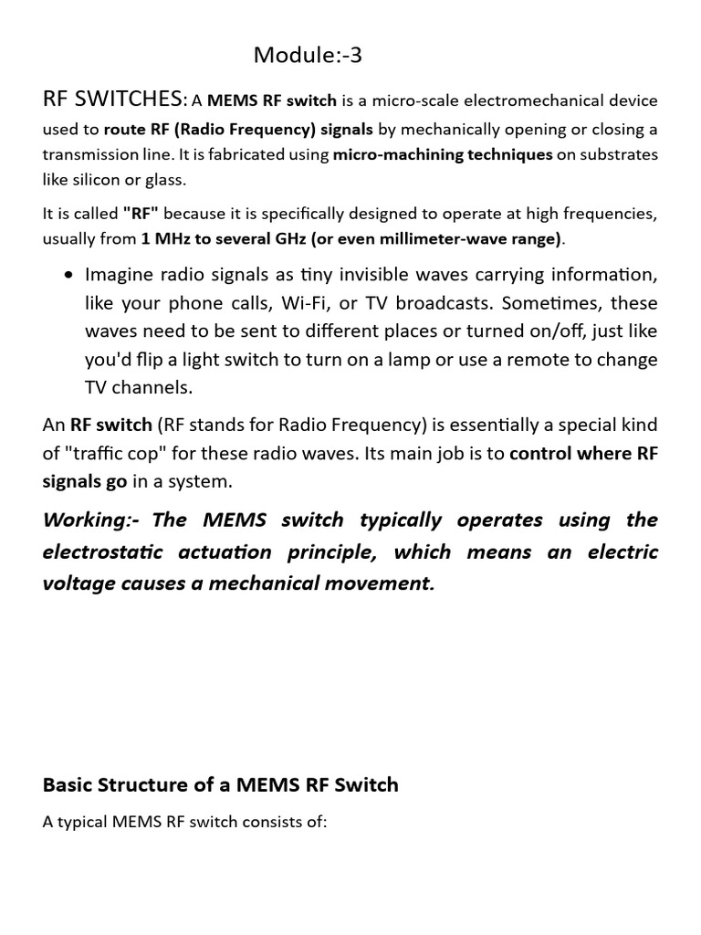 MEMS RF Switches: Function & Applications | PDF | Capacitor | Switch