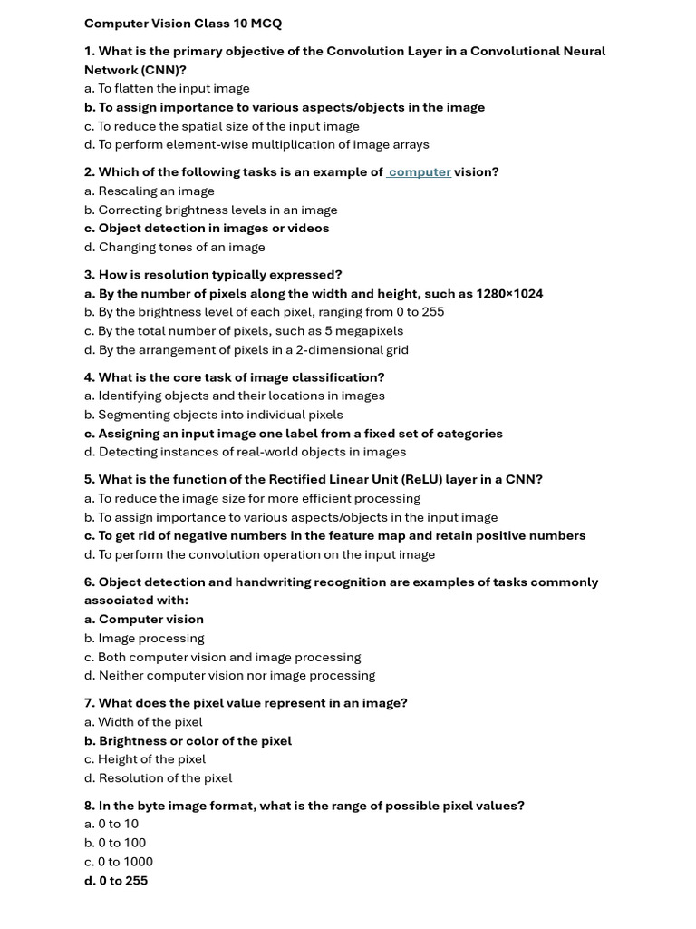 Computer Vision Class 10 MCQ | PDF | Image Segmentation | Computer Vision