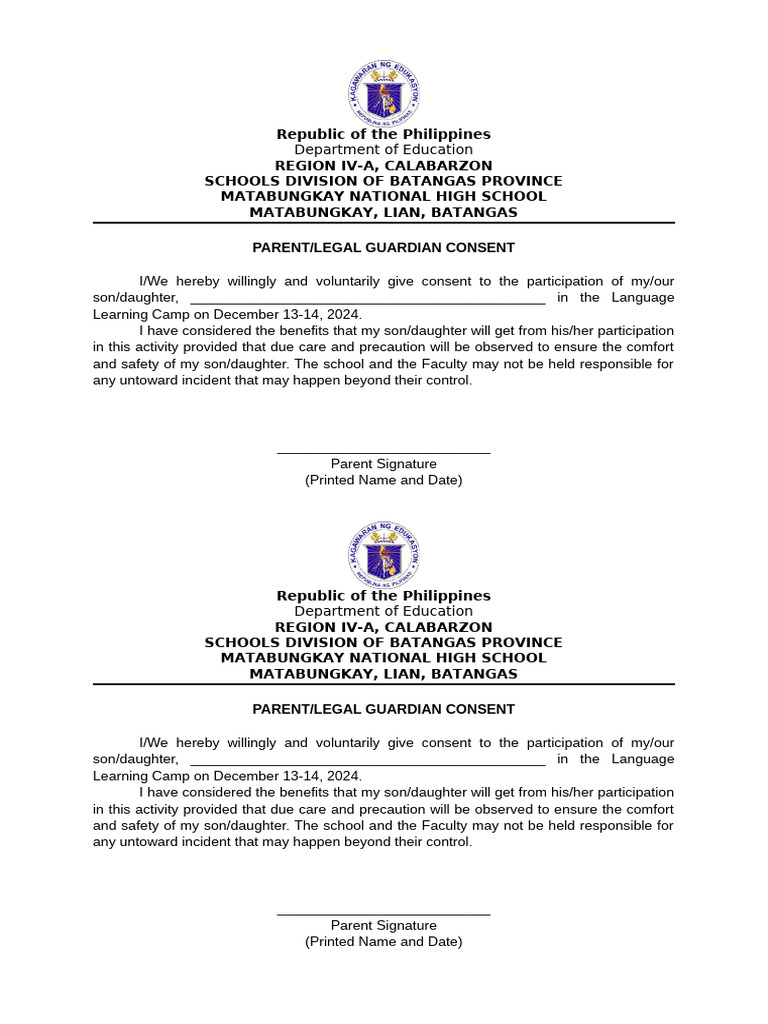 Parental Consent Learning Camp 2024 | PDF