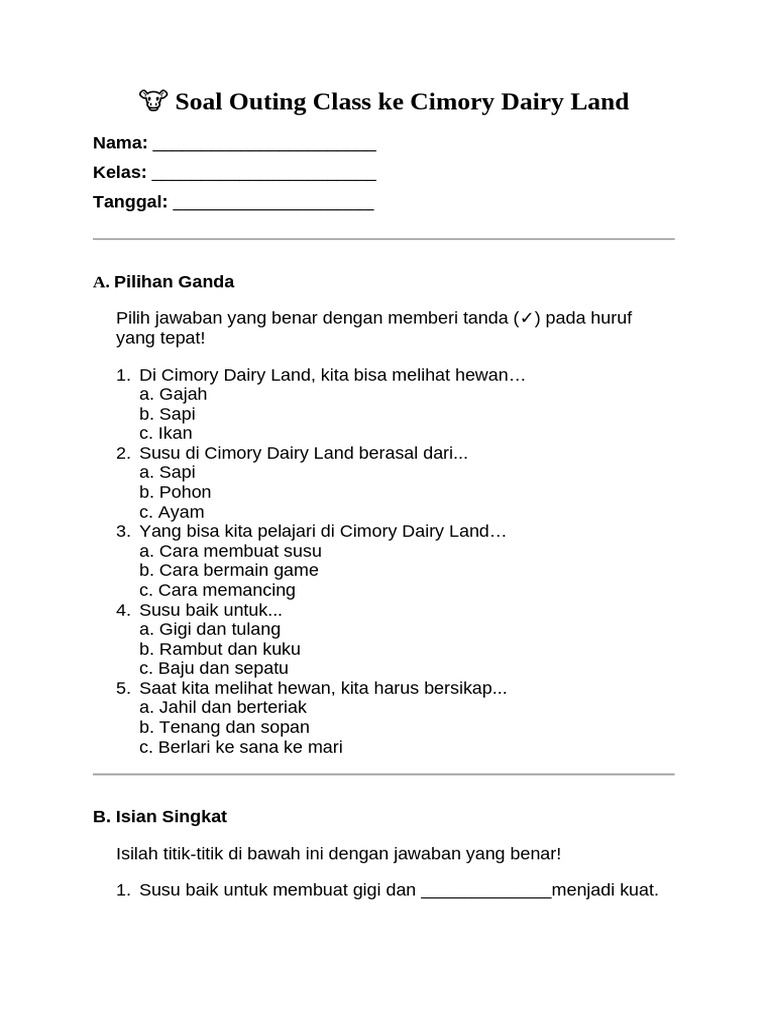 Soal Outing Class Cimory Dairy Land | PDF