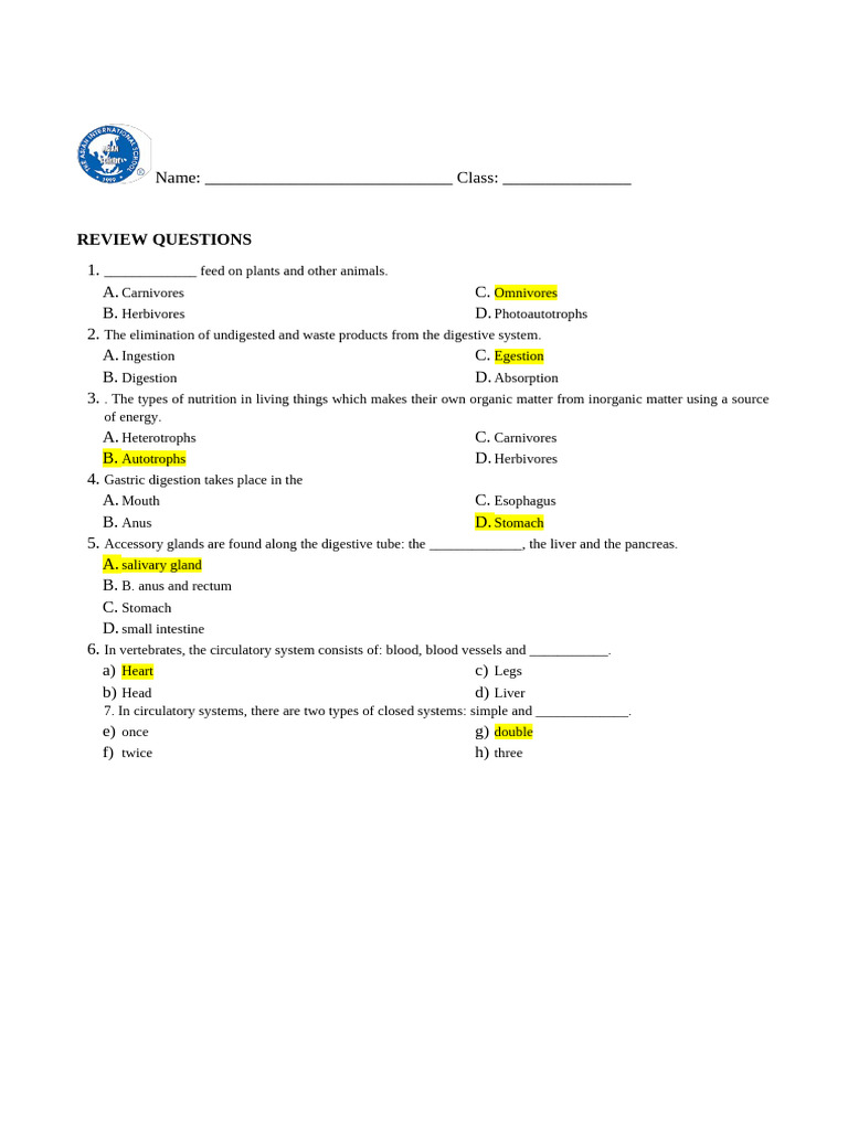Answer Key Nutrition - Digestive System - Circulatory System Review ...