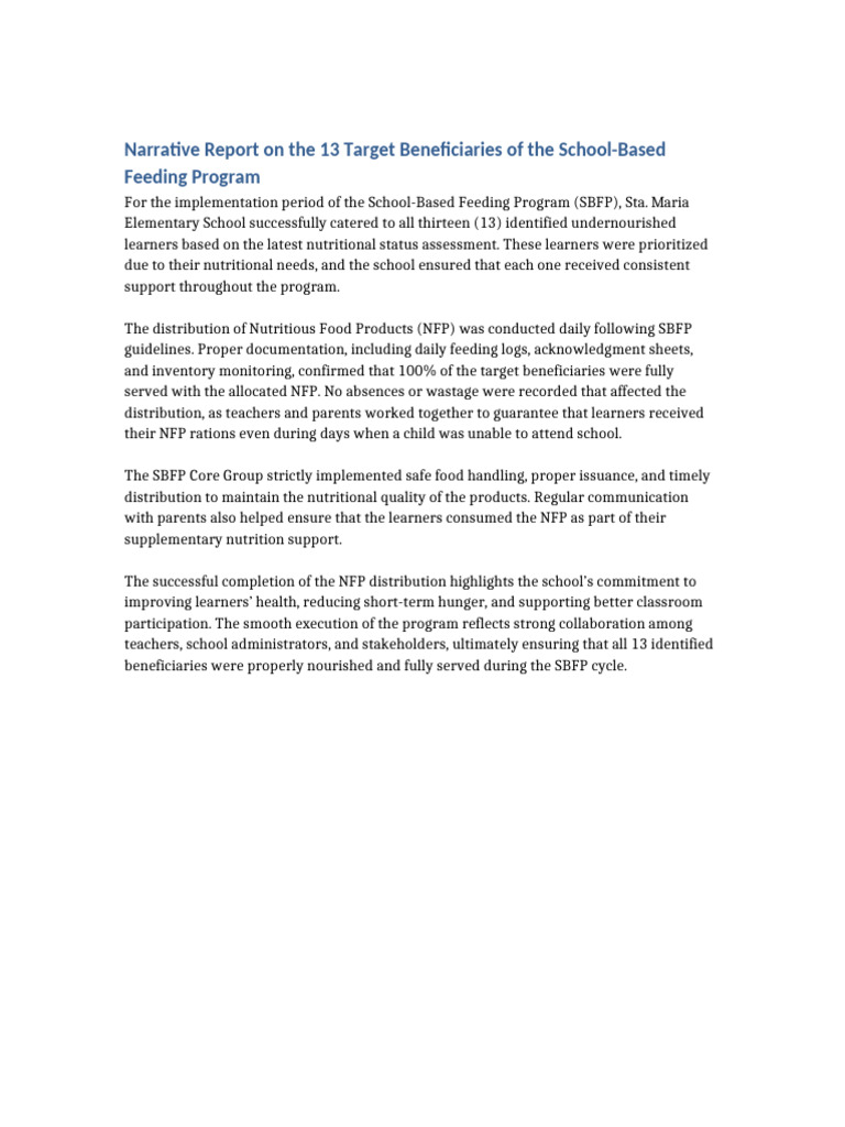 SBFP Success for 13 Undernourished Learners | PDF