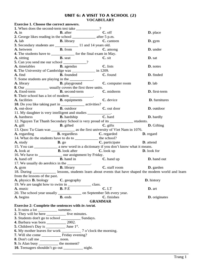 School Visit Vocabulary and Grammar Exercises | PDF