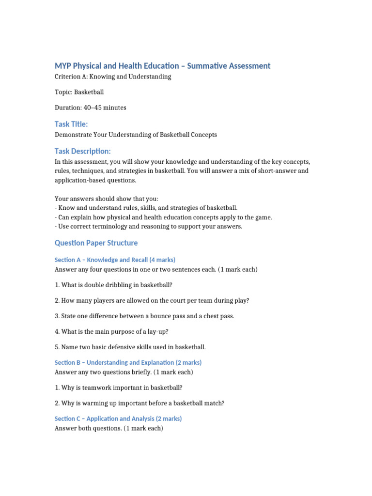 MYP PHE Summative Assessment CriterionA Basketball - Final | PDF ...