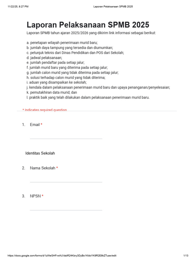 Laporan Pelaksanaan SPMB 2025 - Google Forms | PDF