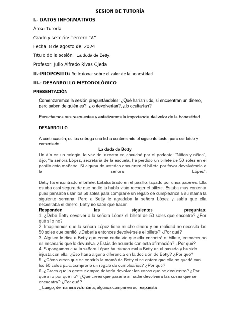 La Duda de Betty: Reflexión sobre Honestidad | PDF