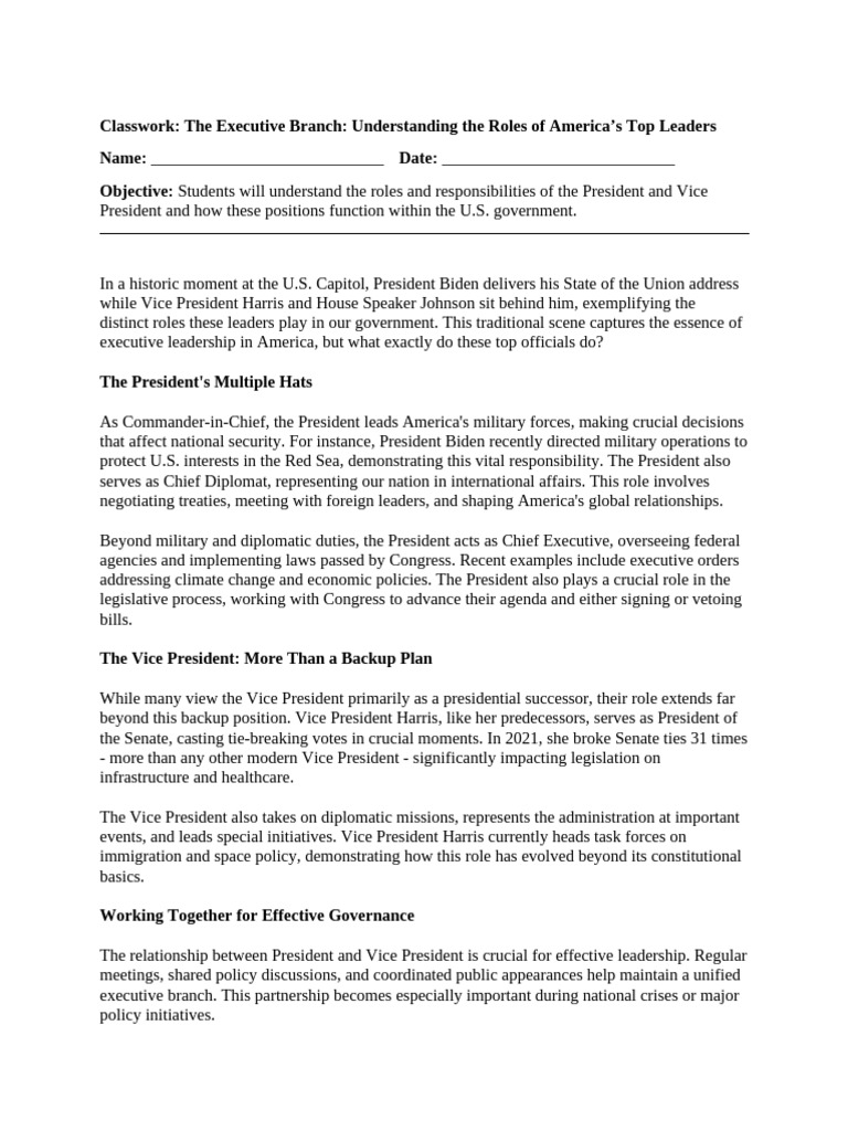 Executive Branch Roles Worksheet | PDF | American Government ...