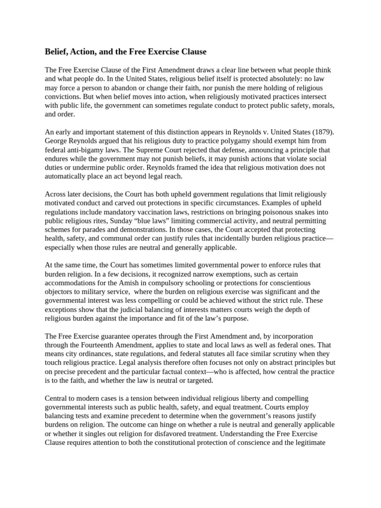 Belief, Action, and The Free Exercise Clause | PDF | Free Exercise ...