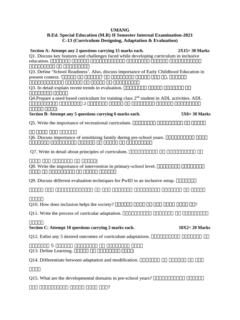 Umang B.Ed. Special Education (M.R) II Semester Internal Examination ...