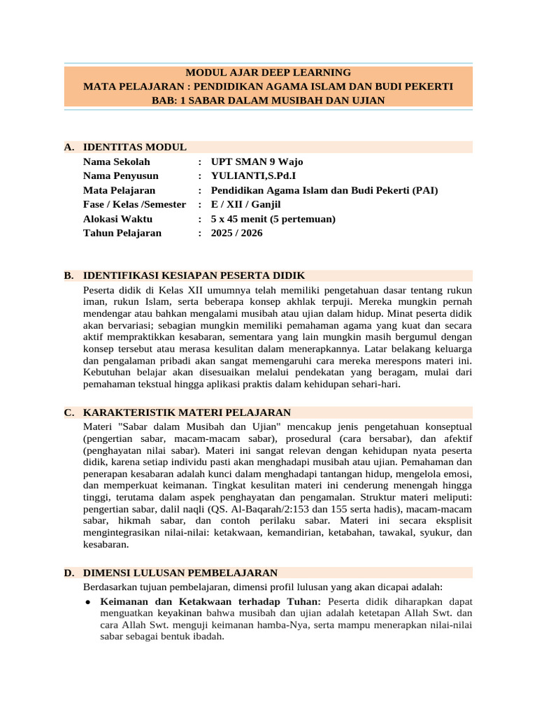 Sabar dalam Musibah: Modul PAI Kelas XII | PDF