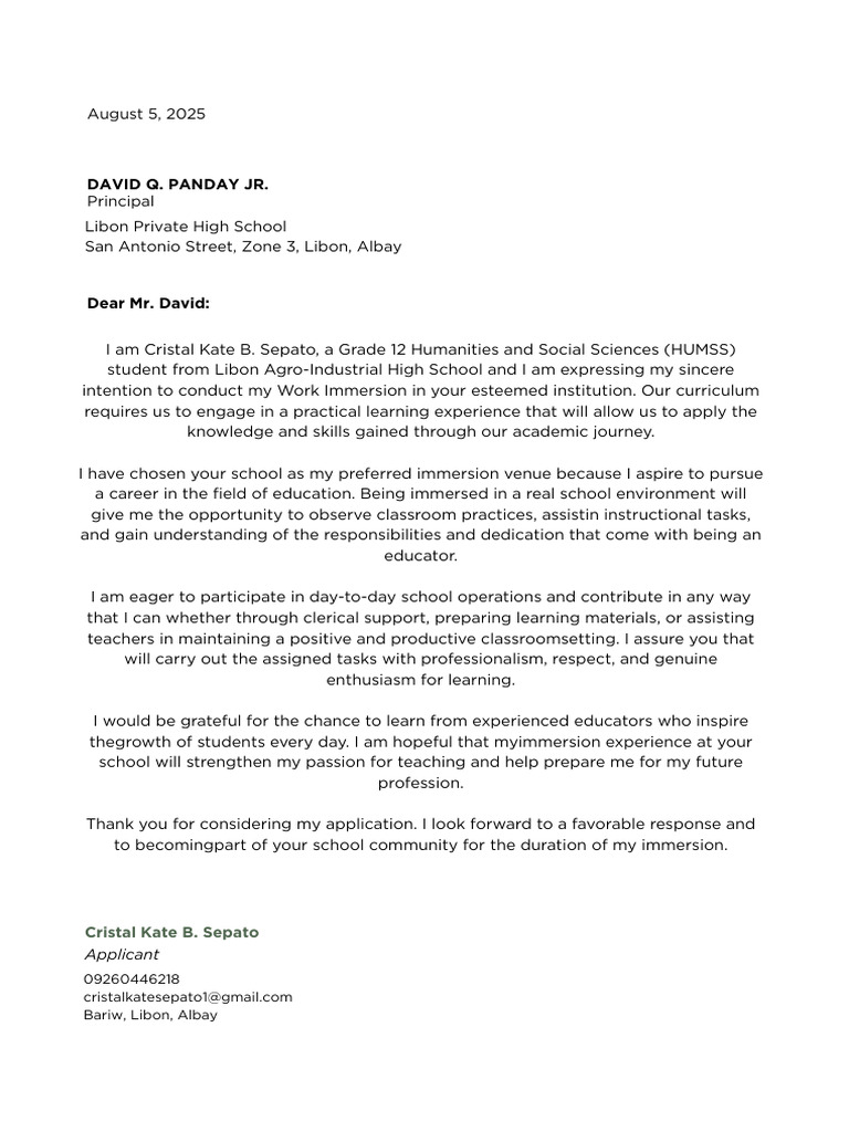 Application Letter (For Immersion) | PDF