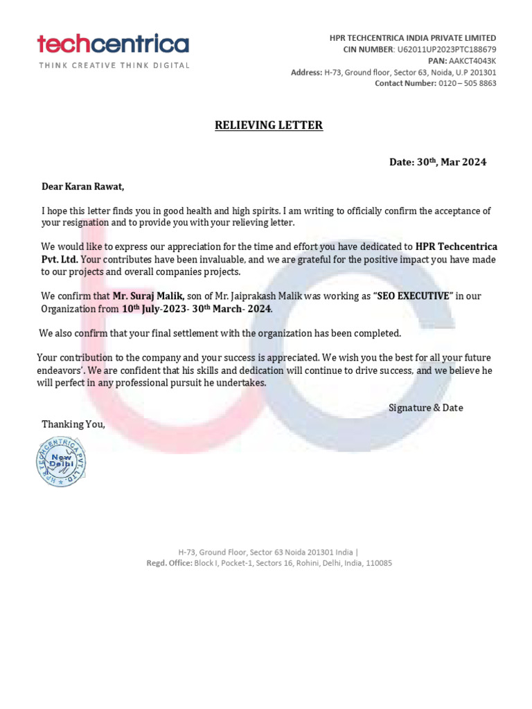 Relieving Letter for Karan Rawat | PDF