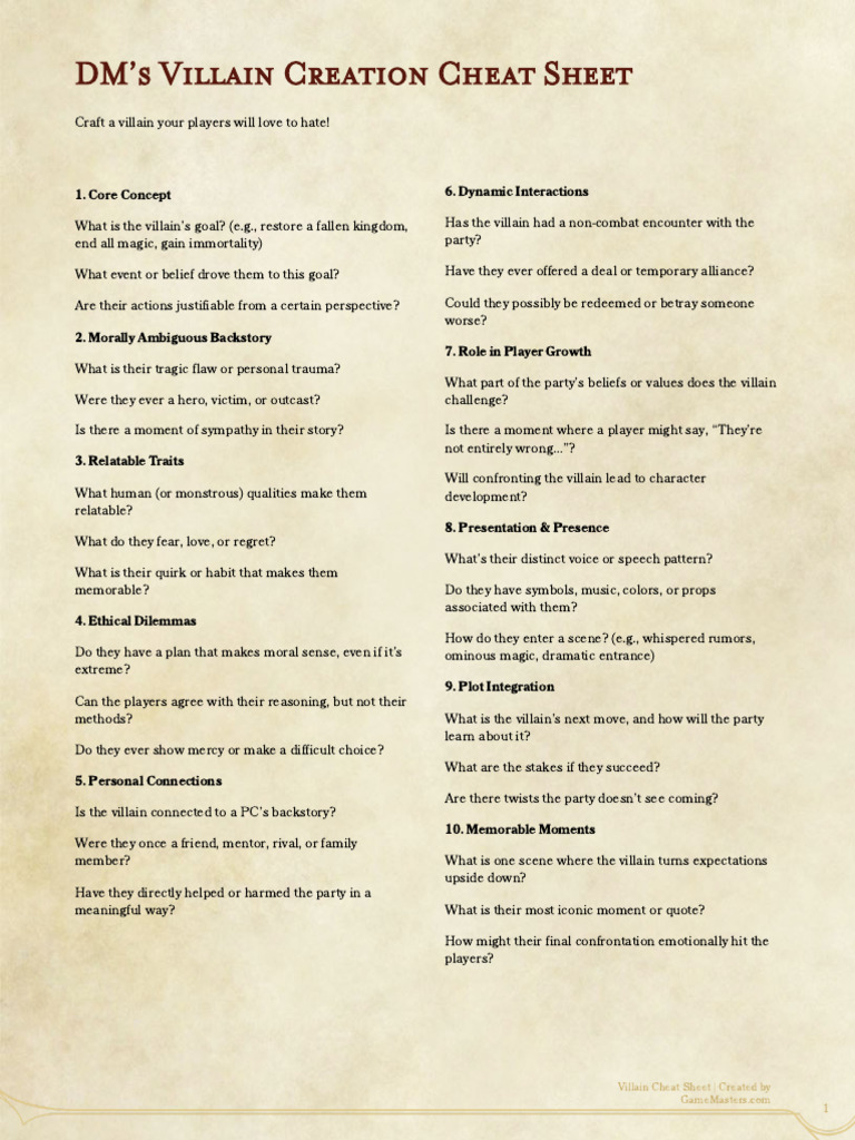 GameMasters Villian Cheat Sheet | PDF | Psychology