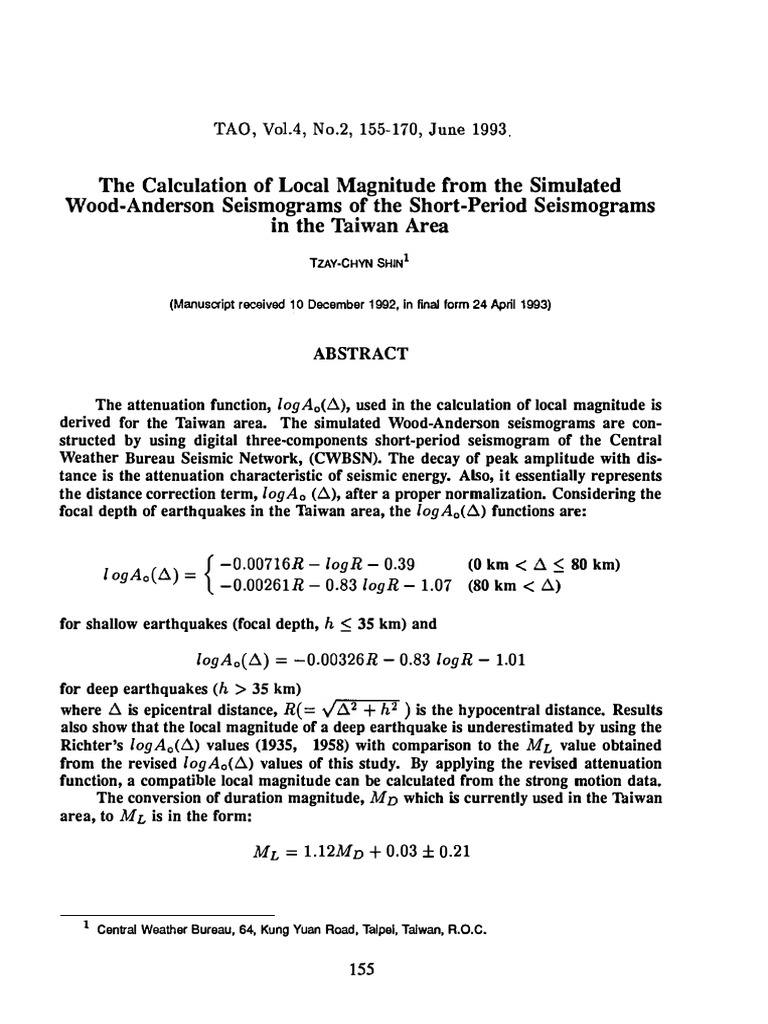 The Calculation of Local Magnitude From The Simulated Wood-Anderson ...