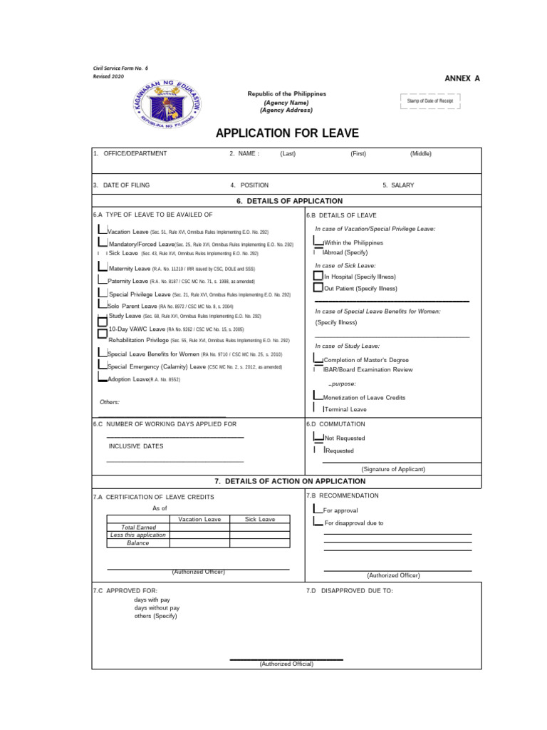 CS Form No. 6, Revised 2020 (Application For Leave) Form 6 | PDF | Parental Leave | Justice