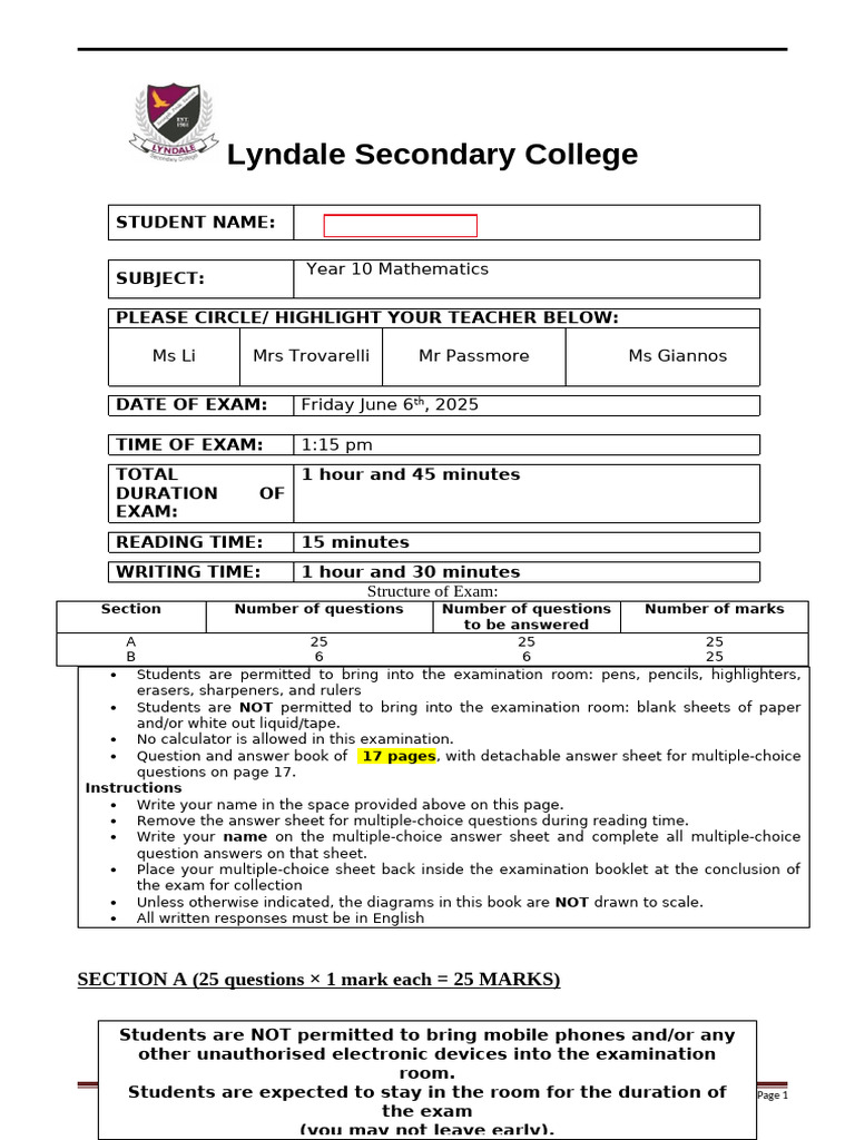 Year 10 Mathematics Exam Guide | PDF | Slope | Area