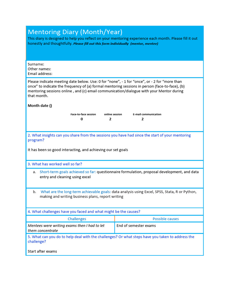 YEWO Mentoring Diary [Sample] | PDF