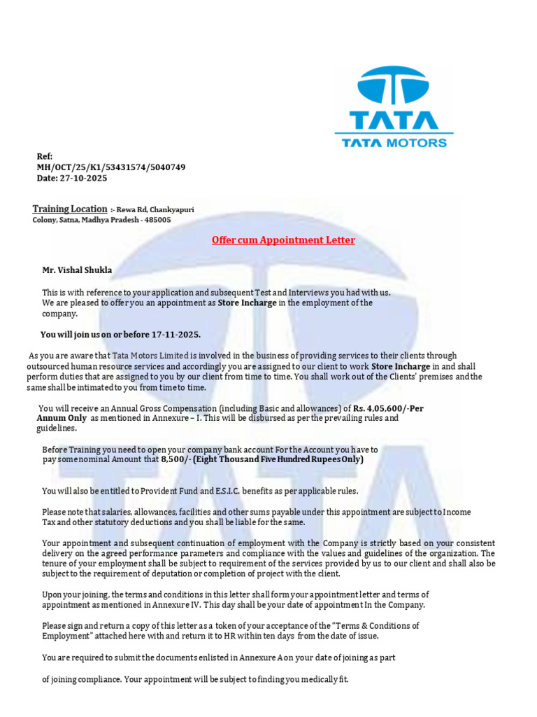 Appointment Letter for Store Incharge | PDF | Employment | Credential