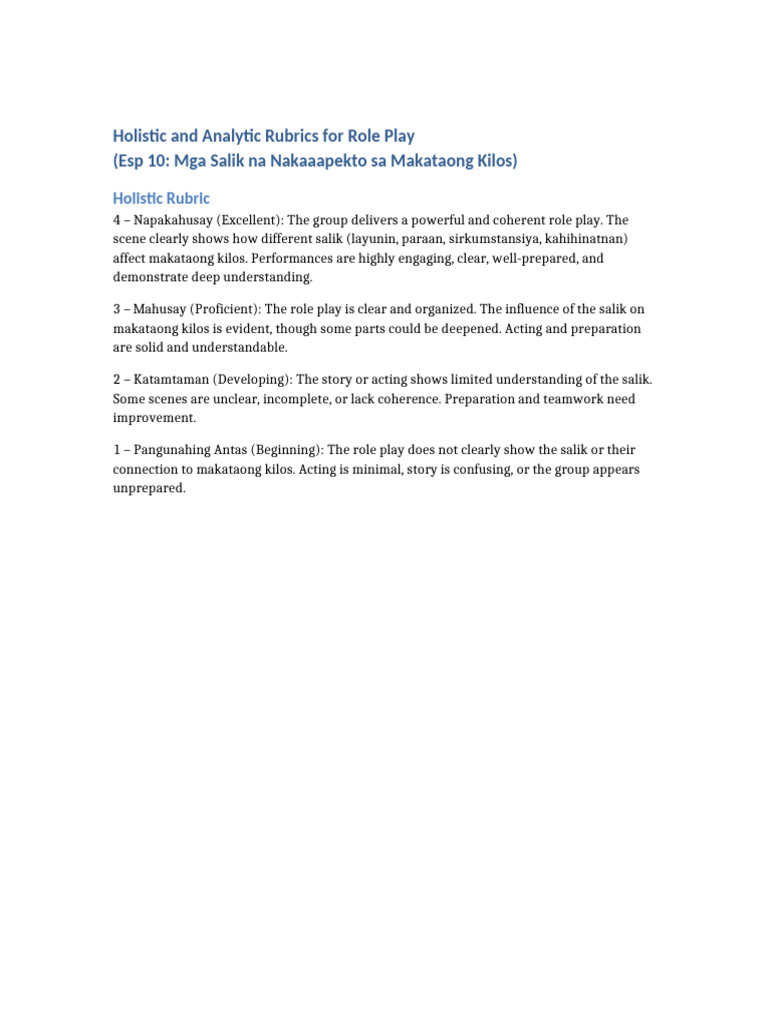 Rubrics for Role Play Assessment | PDF | Cognition | Cognitive Science