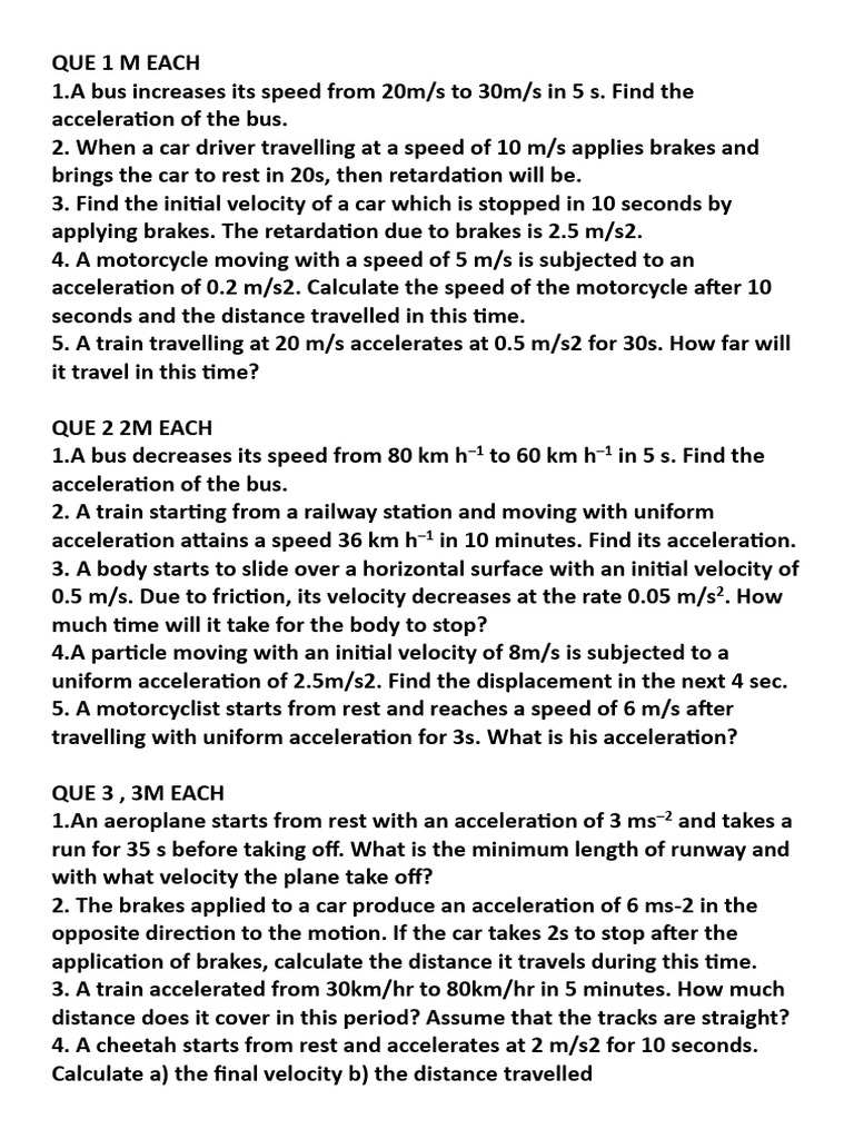 Test On Motion Only Numerical Basis | PDF | Acceleration | Speed