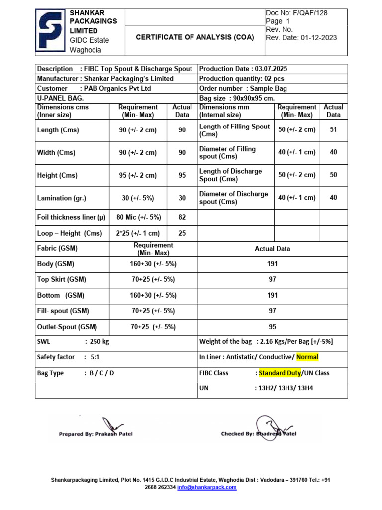 PAB Organic Sample Bag COA | PDF