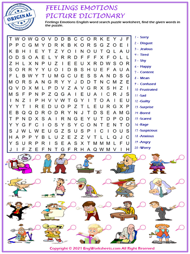 Feelings Emotions English Word Search Puzzle Worksheet Find the Given ...