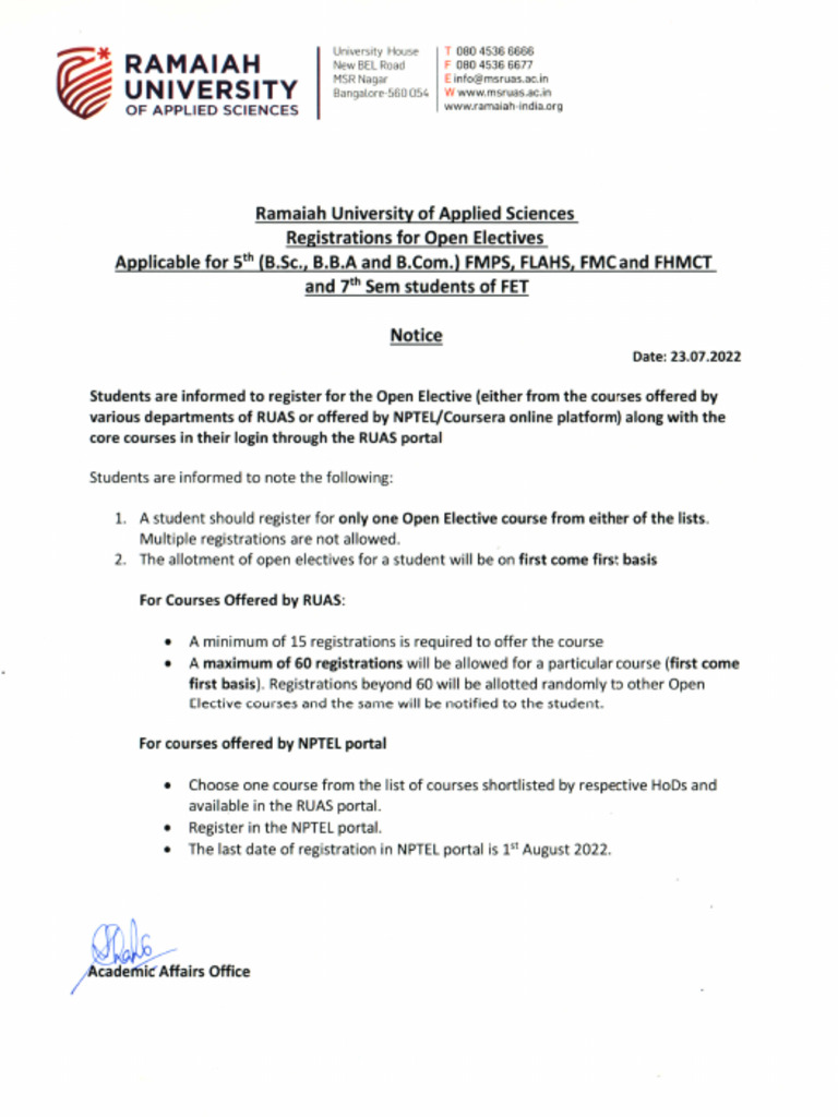 Open Elective Registration Notice | PDF