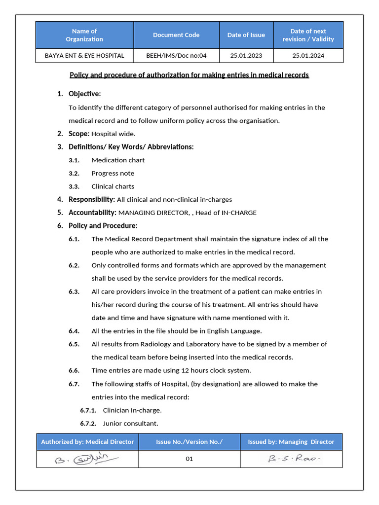Medical Record Entry Authorization Policy | PDF | Medical Record | Hospital