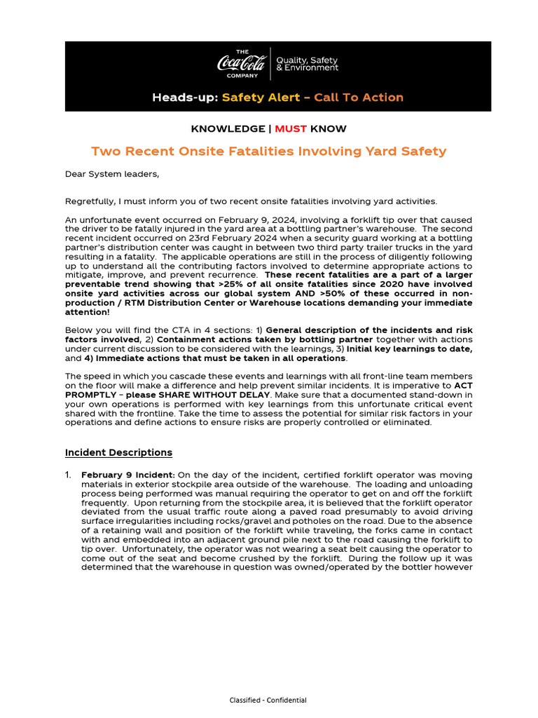 Heads Up Safety Alert Call To Action - Two Onsite Fatalities Involving ...