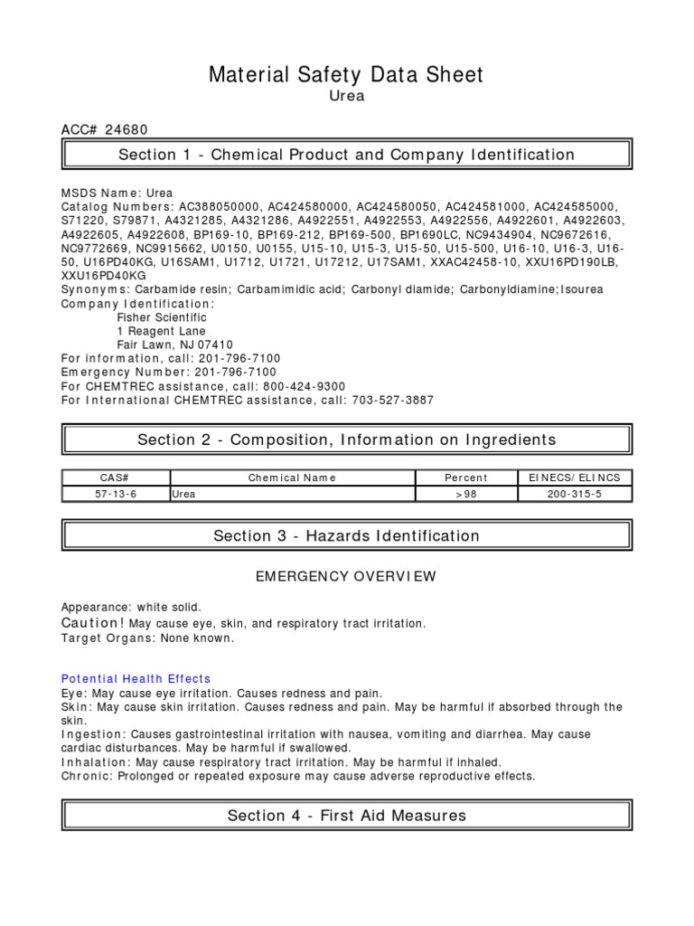 Urea Material Safety Data Sheet | PDF | Chlorine | Dangerous Goods