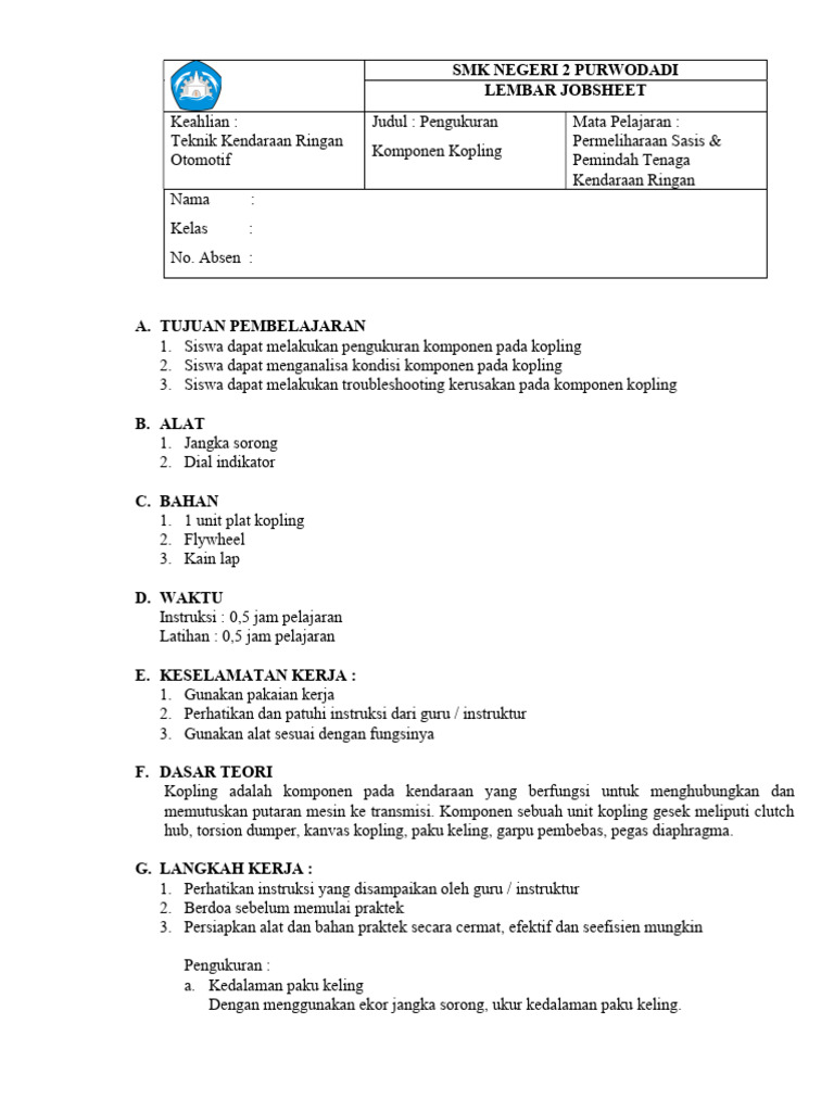 ok jobsheet pengukuran kopling | PDF