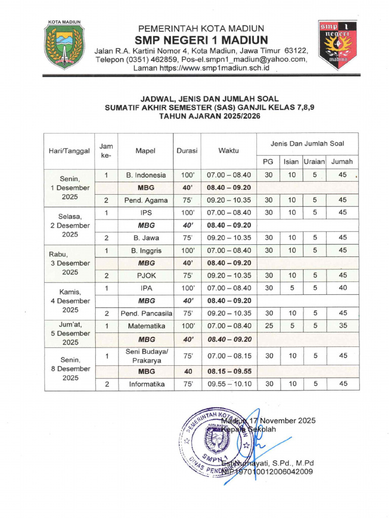 Jadwal Sas Ganjil 2526 | PDF