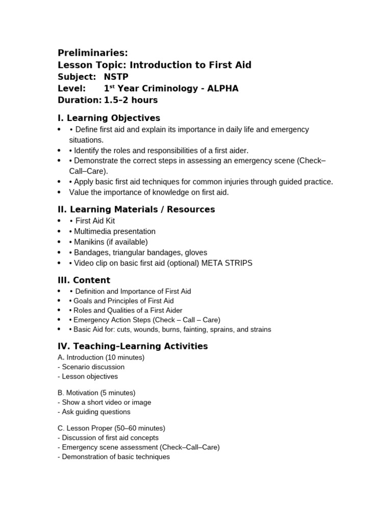 First Aid Lesson Plan | PDF