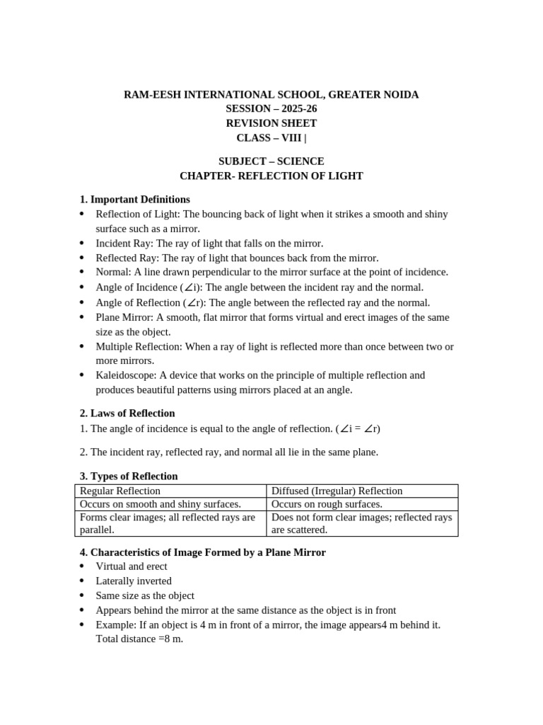 Class 8 Science: Reflection of Light Guide | PDF | Reflection (Physics ...