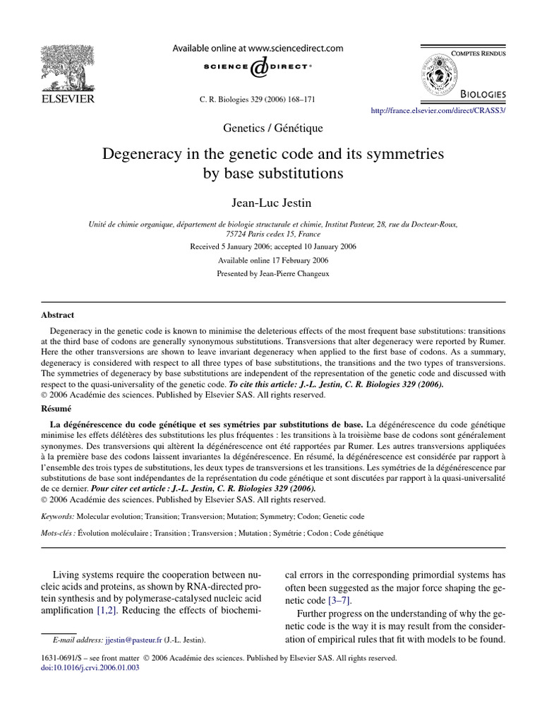 Jestin2006 Degeneracy in The Genetic Code and Its Symmetries by Base ...