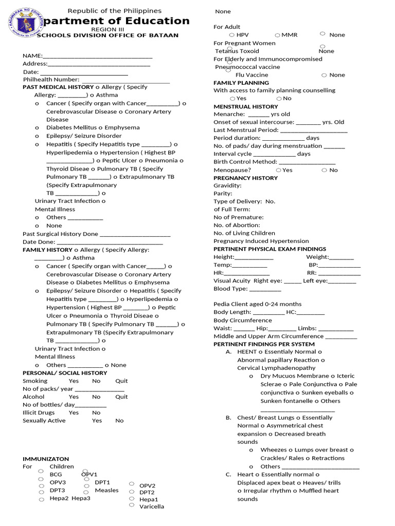 Deped Philhealth Assesment Form (1) | PDF | Menstruation | Tuberculosis