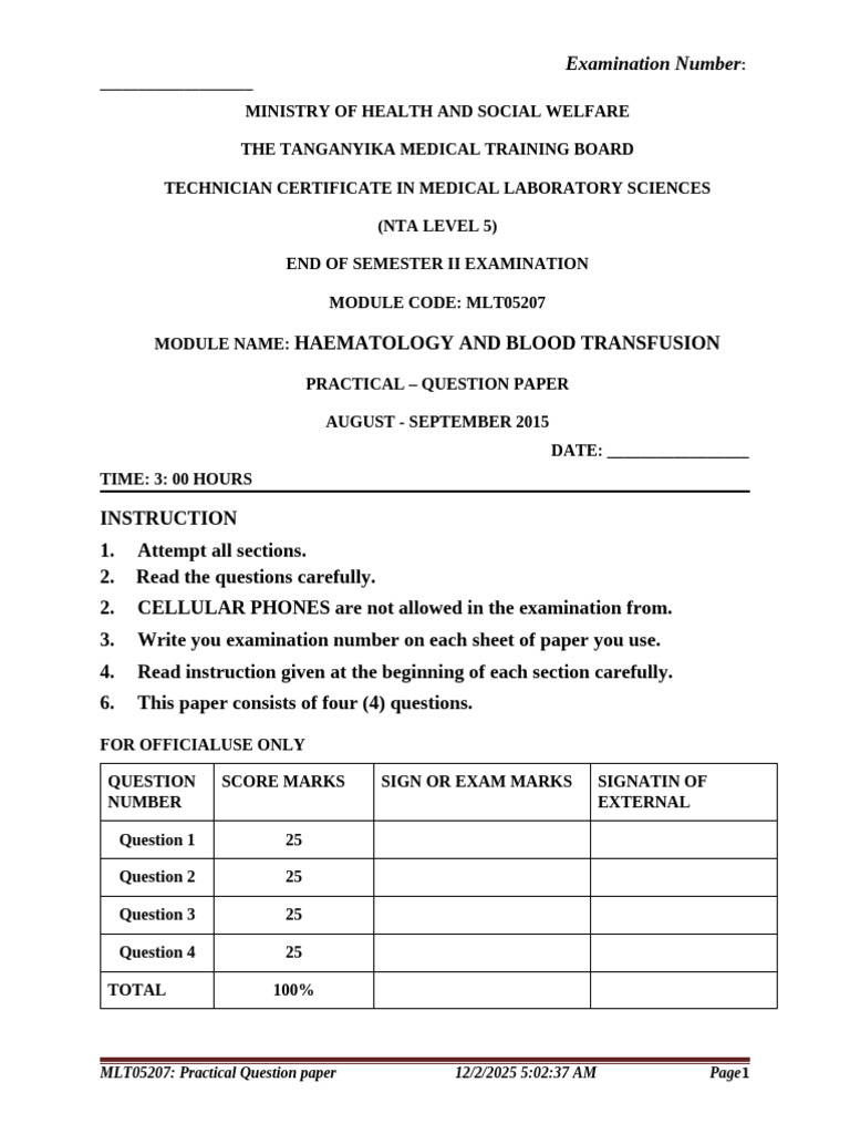 Mlt05207 PR Question Paper Haematology & Blood Transfusion August 2015 ...