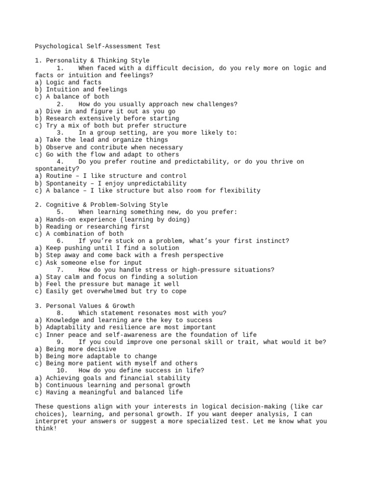 Psychological Self-Assessment Quiz | PDF
