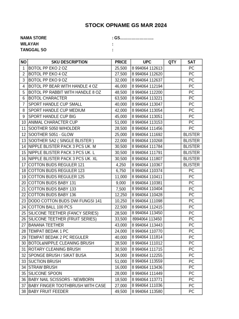 Form Stock Opname Gs Mar 2024 | PDF | Children's Rights | Women's Health
